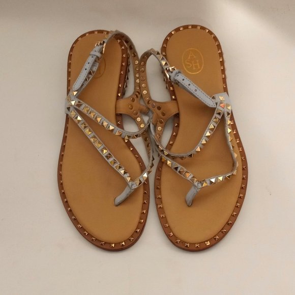 Ash | Shoes | Ash Peps Iceyblue Gold Pyramid Studded Flat Sandals Size ...